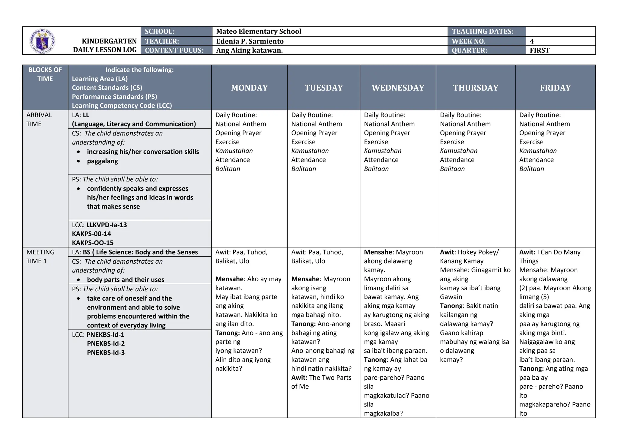 Daily Lesson Log _ Second Quarter (Kindergarten) | DOCX