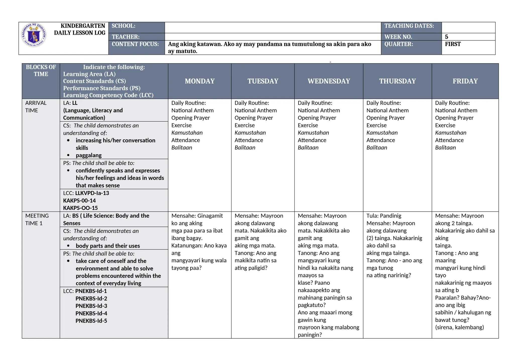 Daily Lesson Log - Kindergarten Week five | DOCX