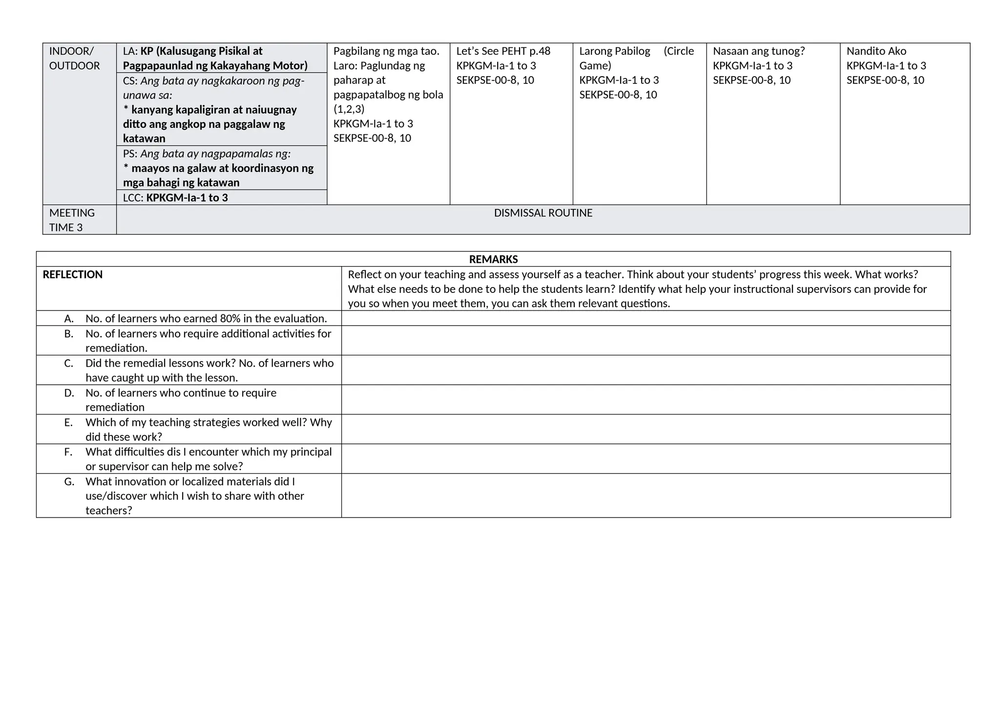Daily Lesson Log - Kindergarten Week five | PPT