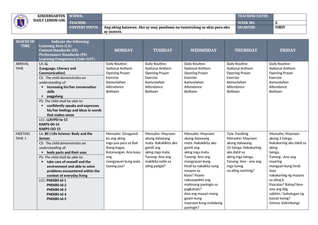Daily Lesson Log - Kindergarten Week five | PPT