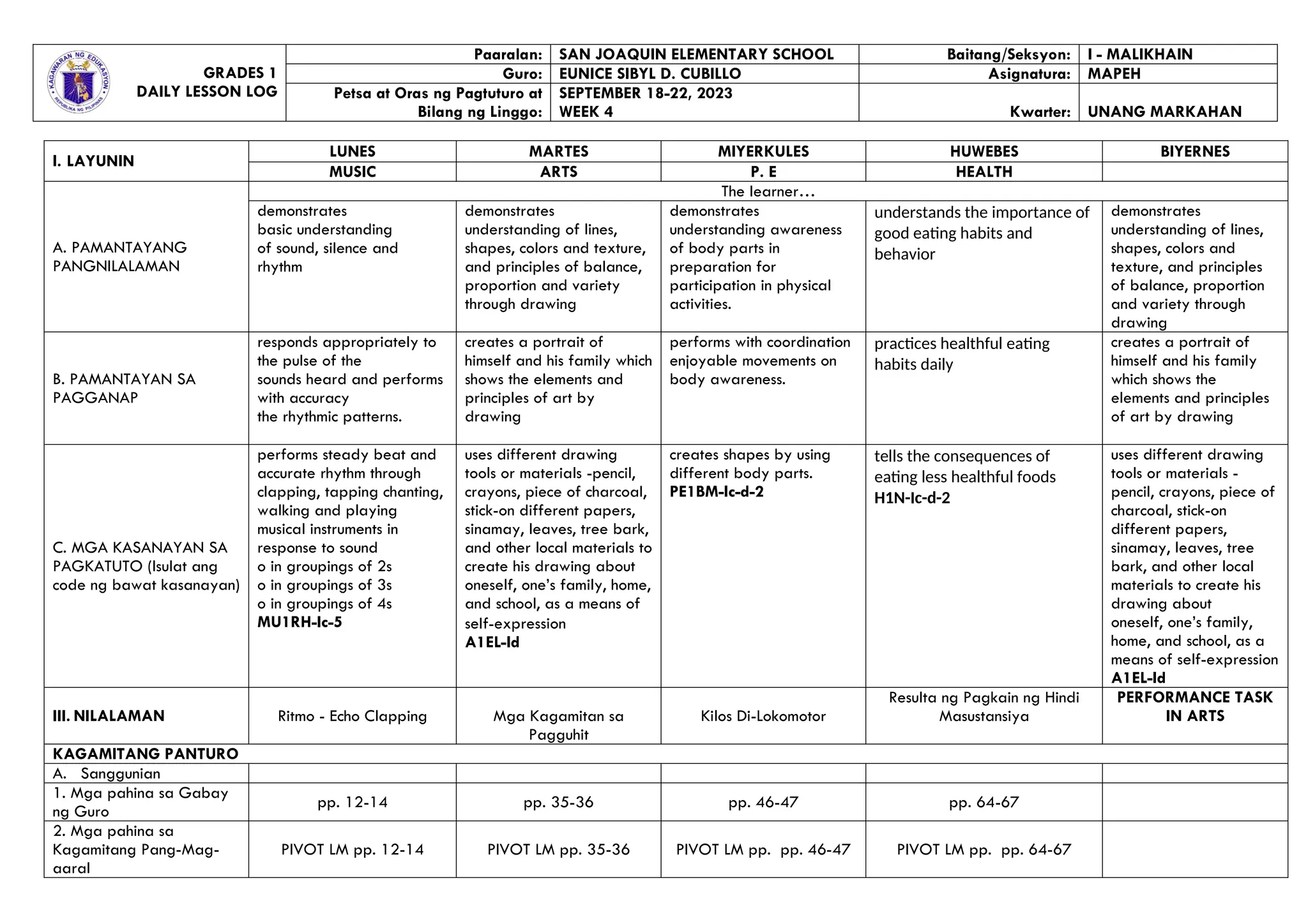 Daily lesson log for MAPEH Quarter 1 Week4 | DOCX