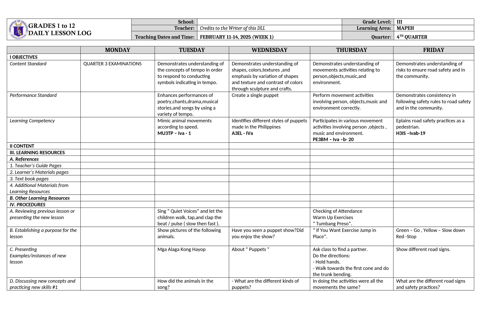 DLL_MAPEH 3_Q4_W1.docx lesson plan for grade 3 for mapeh | DOCX