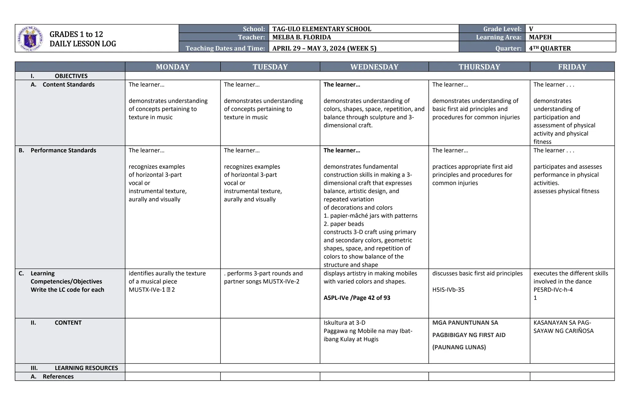 DLL_MAPEH 5_Q4_W5.docx for elementary catechism | DOCX