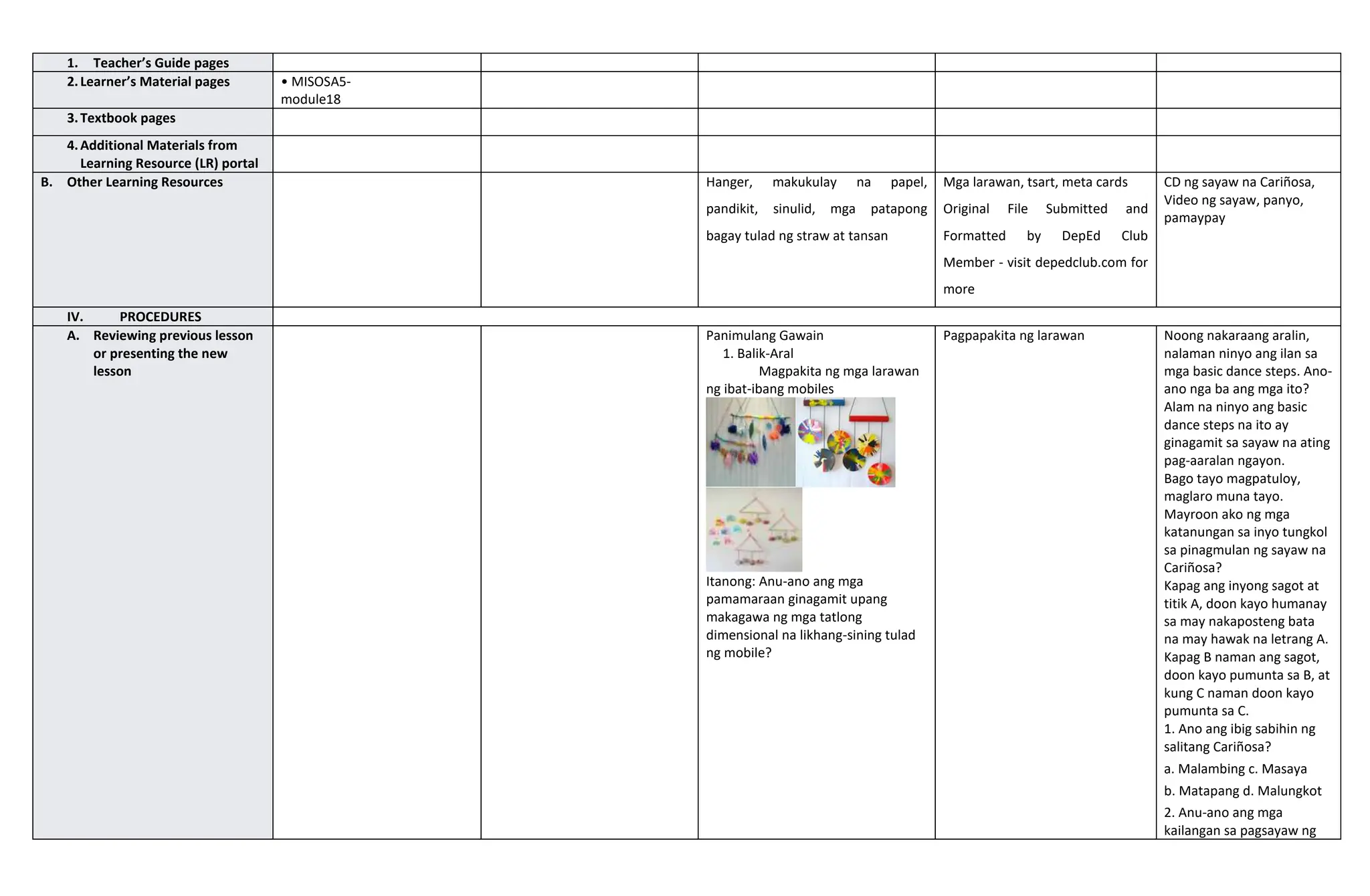 DLL_MAPEH 5_Q4_W5.docx for elementary catechism | DOCX