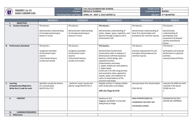 DLL_MAPEH 5_Q4_W5.docx for elementary catechism | PPT