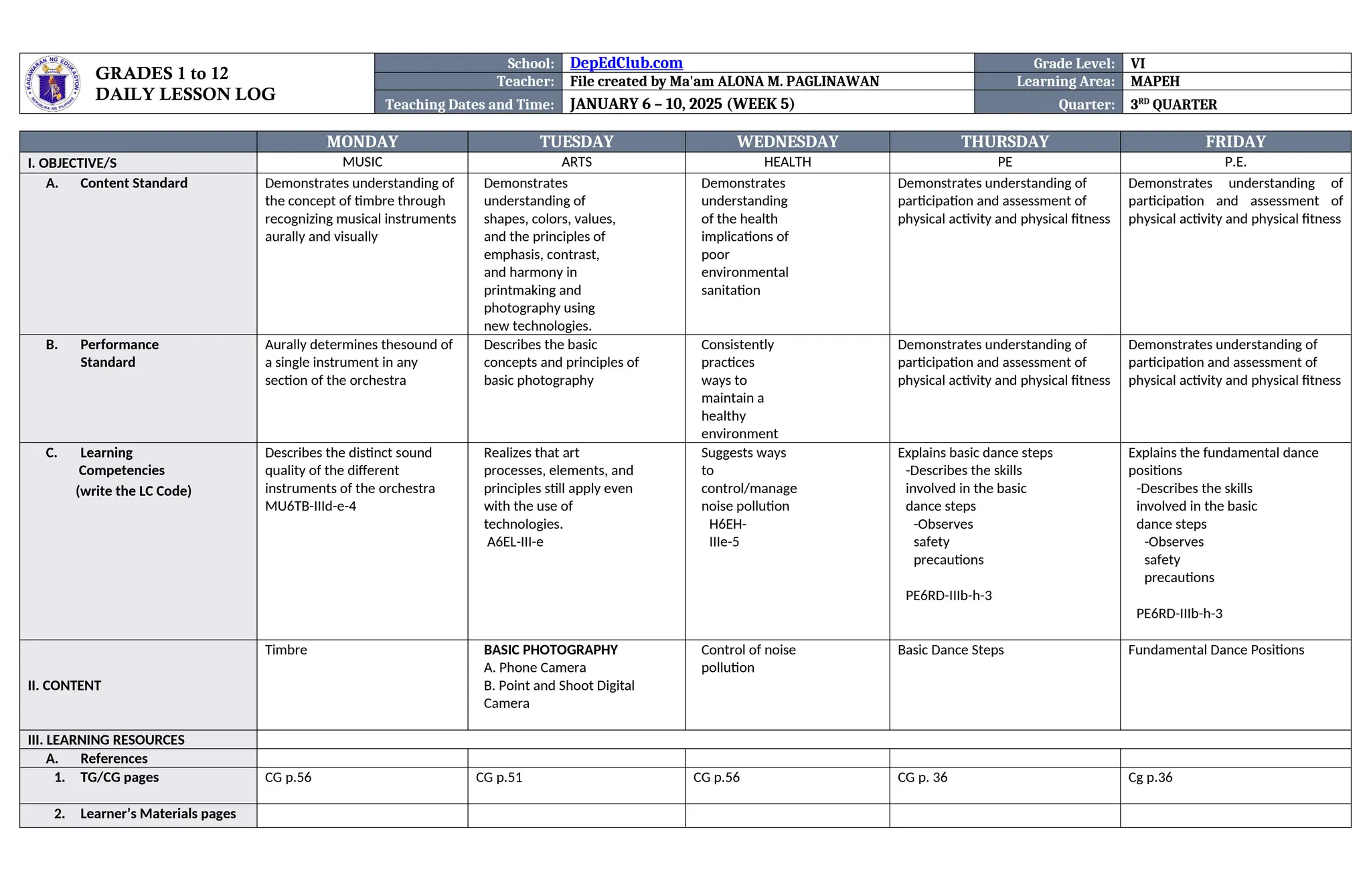 DLL_MAPEH 6_Q3_W5.docCCCCCCCCCCCCCCCCCCCx | DOCX