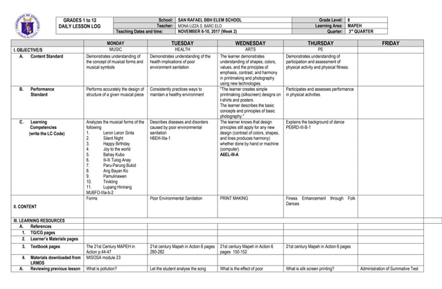 DLL_MAPEH 6_QUARTERN3 Week 2 LESSON PLAN | DOCX | Digestive Disorders | Diseases and Conditions