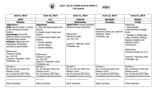 K to 12 Grade 2 DLL MAPEH (Q1 – Q4) – q4)