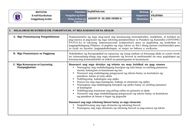 DLL MATATAG FILIPINO 7 Quarter 1 Week 4 | DOCX