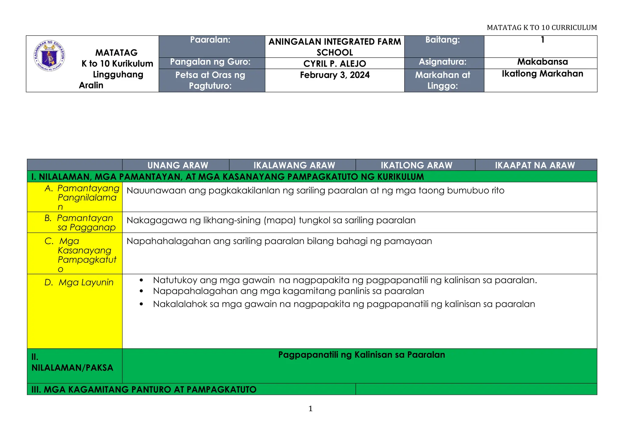 DLL in in Makabansa 1. Topic Pagpapanaliti ng kalinisan sa paaralan | DOCX