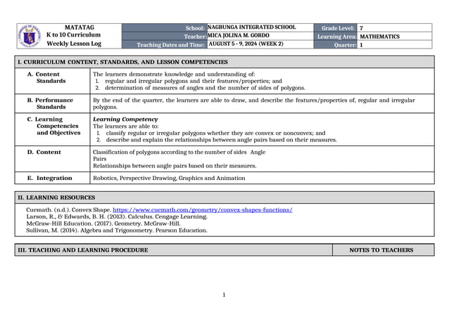 DLL MATATAG _MATH 7 Q1 W2.dokkkikkkkkkcx | DOCX | Education