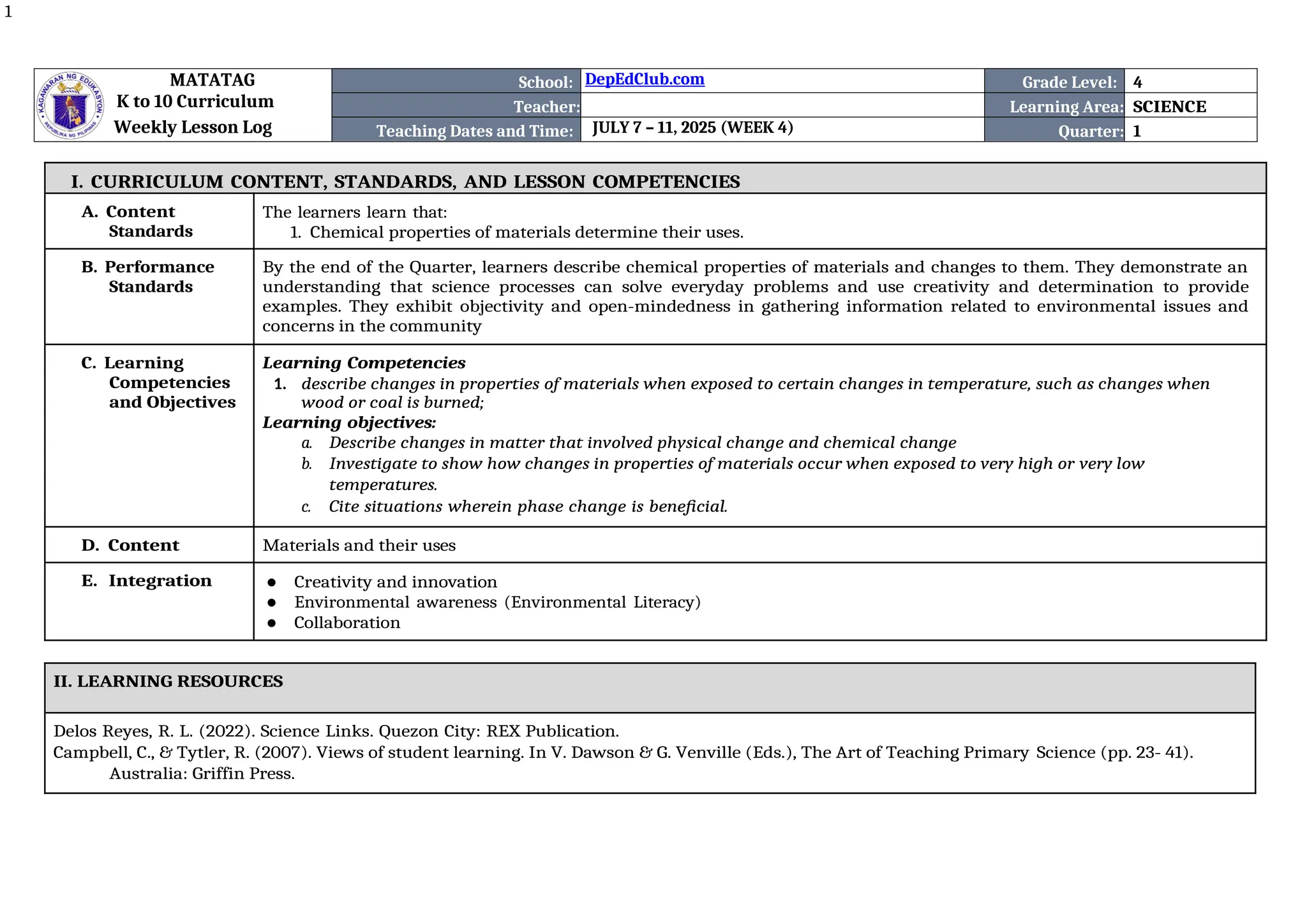 DLL MATATAGSCIENCE 4 Q1 matatag curriculum | DOCX