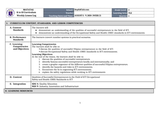 DLL MATATAG _TLE 7 Q1 W2 MATATAG K to 10 Curriculum Weekly Lesson Log | DOCX