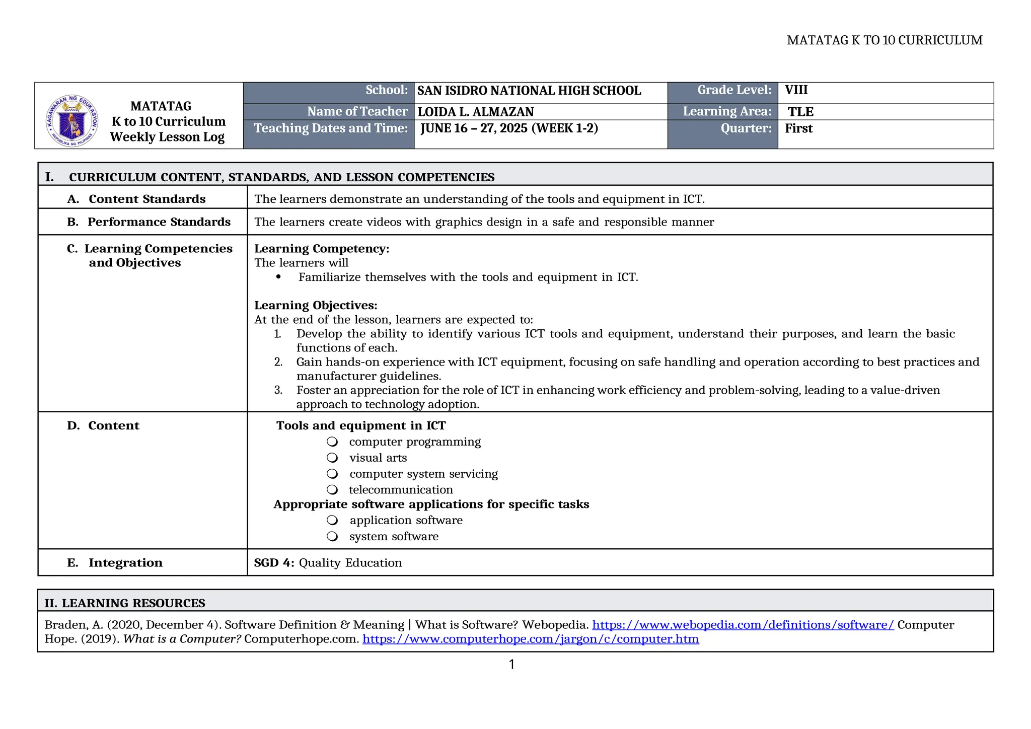 Daily Lesson Log MATATAG ICT TEchnology 8 | DOCX
