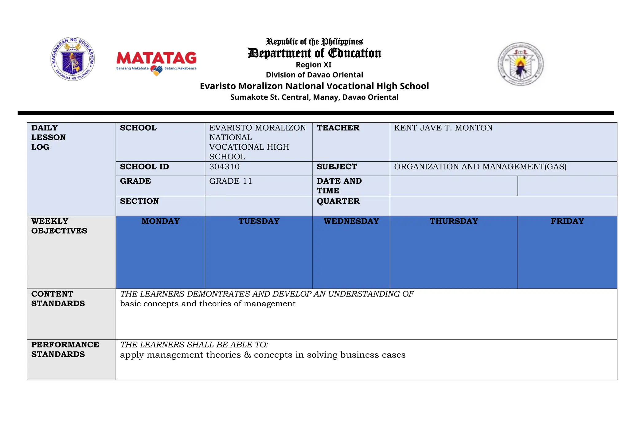 DAILY LESSON LOG organization and management.docx