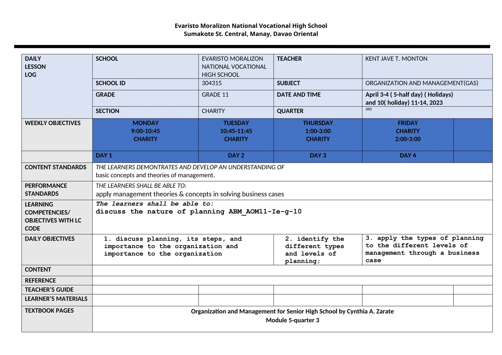 DAILY LESSON LOG organization and management.docx