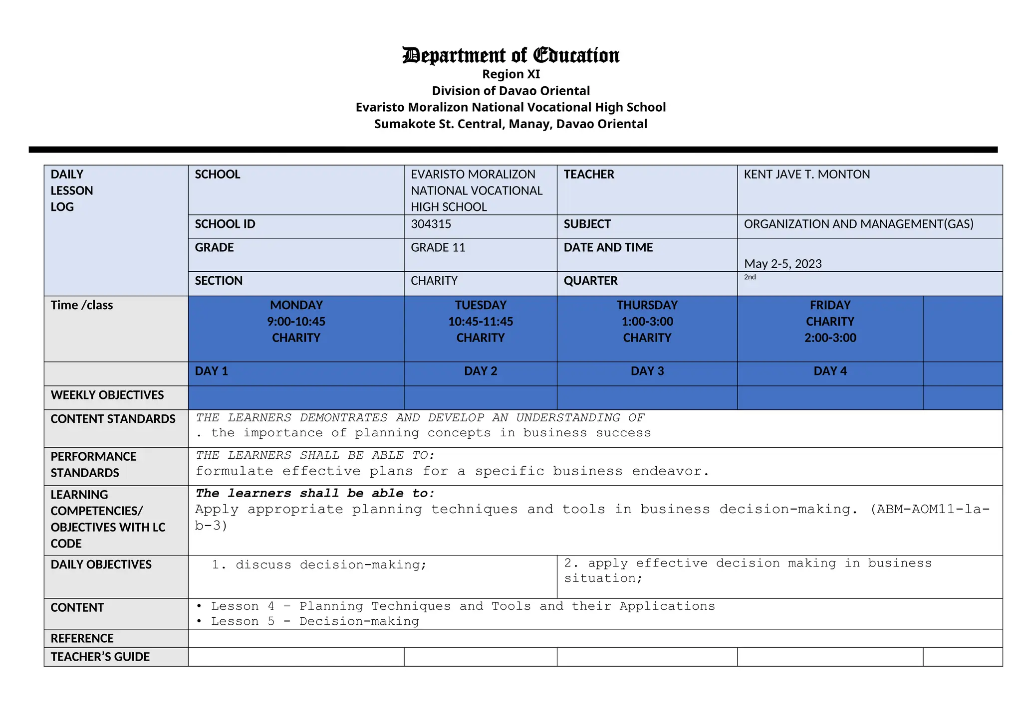 DAILY LESSON LOG organization and management.docx