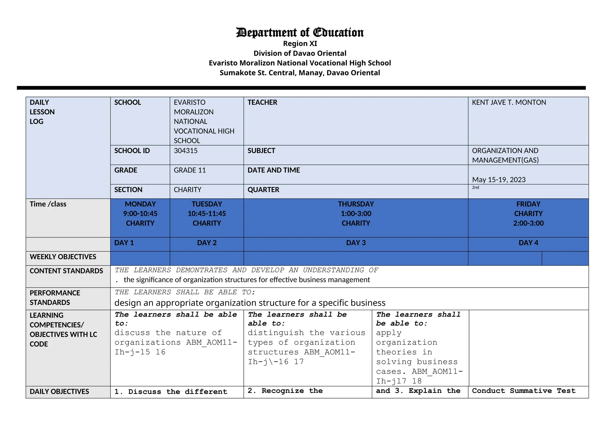 DAILY LESSON LOG organization and management.docx
