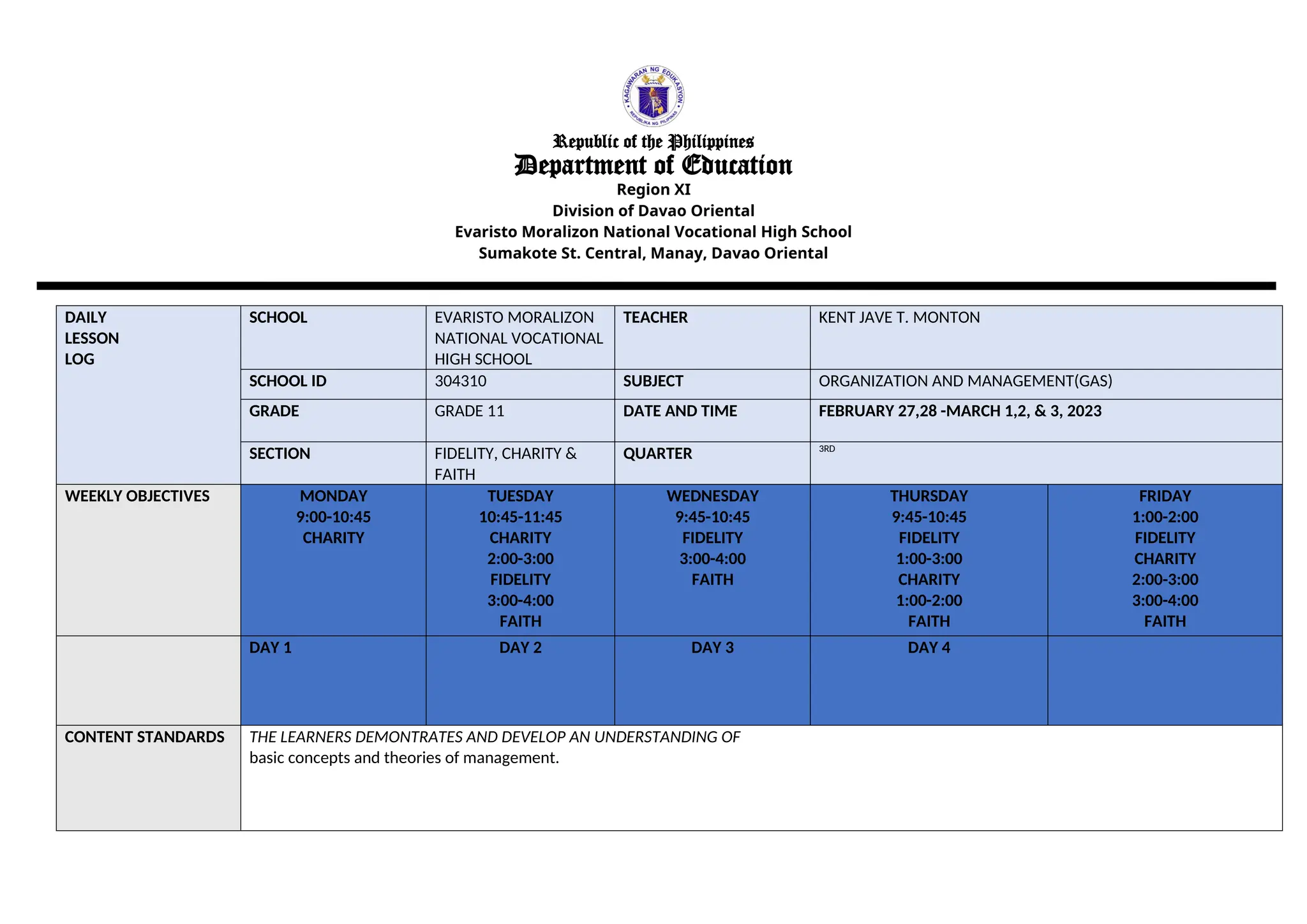 DAILY LESSON LOG organization and management.docx