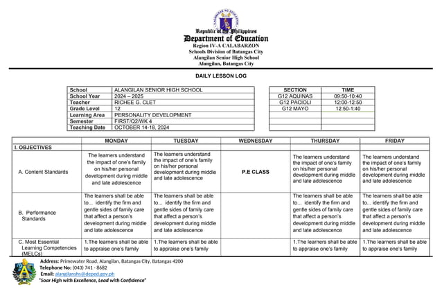 Lesson plan in Personal Development for Week 4 | DOCX | Parenting ...
