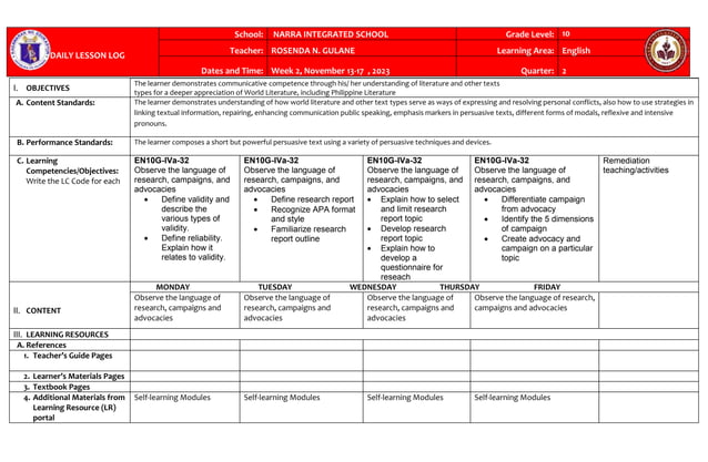 Daily Lesson Log English 10 Quarter Lesson 2 | DOCX