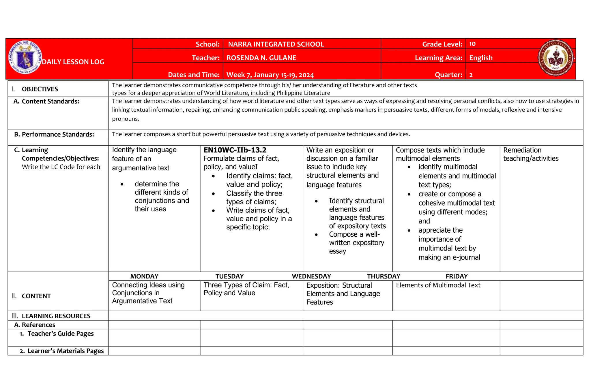 Daily Lesso Log Engliush 10 Quarter 2 Lesson 6 Docx