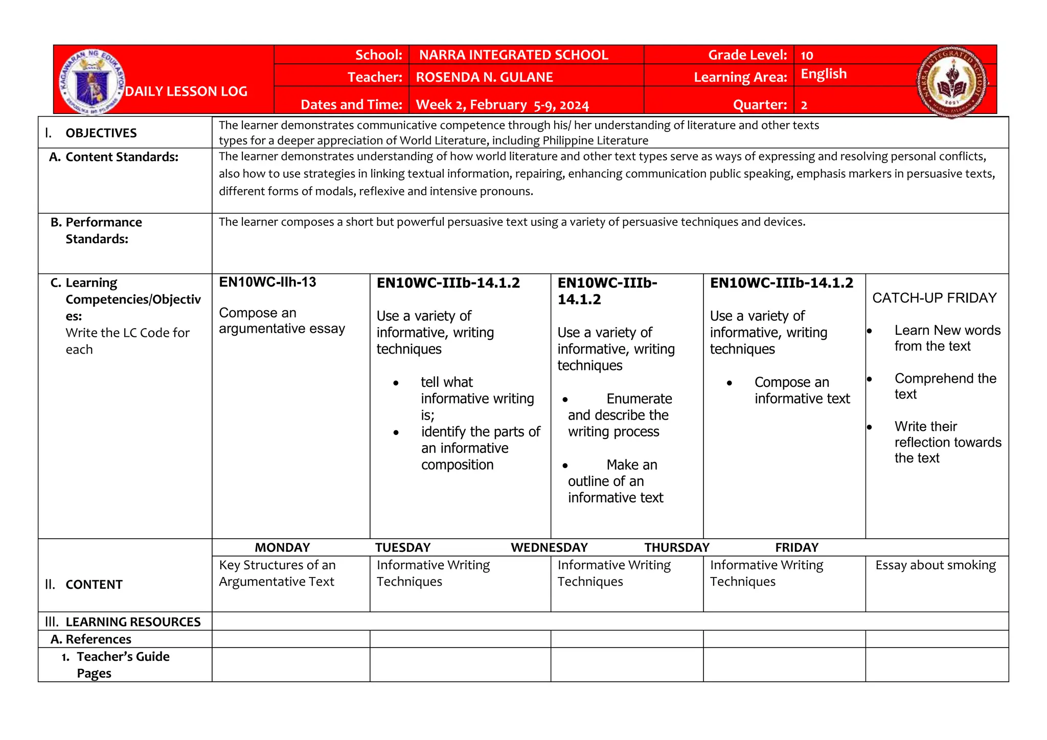 Daily Lesson Log English 10 Quarter 3 Lesson2 Docx