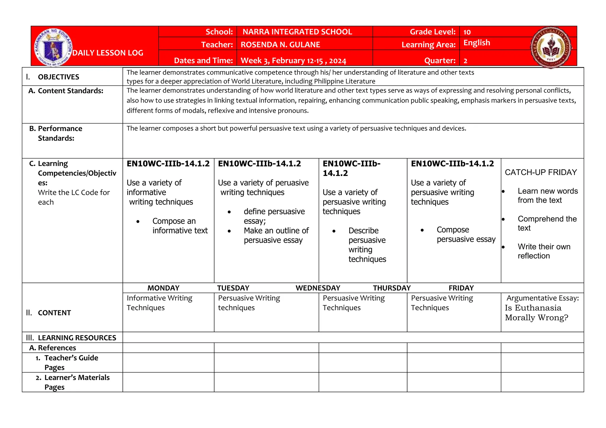 Daily Lesson Log English 10 Quarter 3 Lesson 3 | DOCX