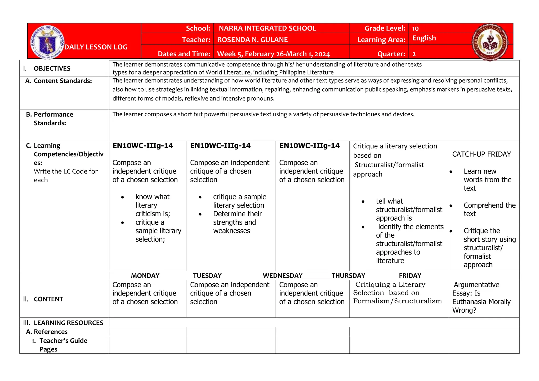 Daily Lesson Log English 10 Quarter 3 L3esson 5LL Q3 L5.docx