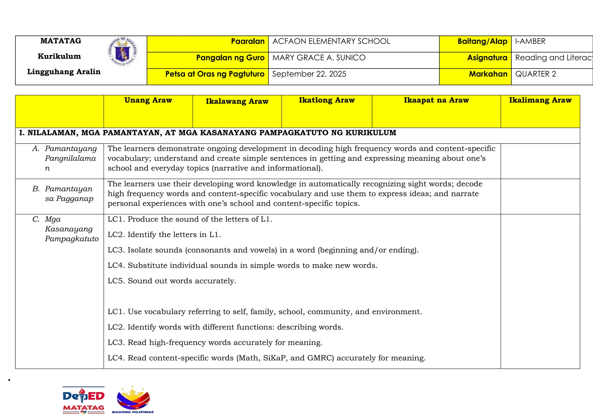 Daily Lesson Log of Grade 1 class....... | DOCX