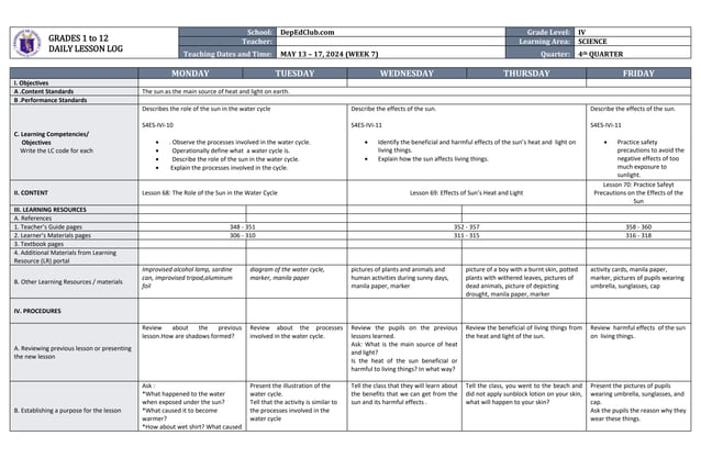 daily lesson log grade 4 week 7 quarter4 | DOCX | Chemistry | Science