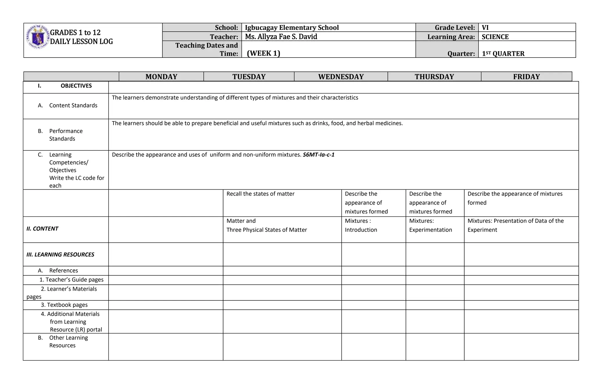 Daily Lesson Log science quarter one week one | DOCX