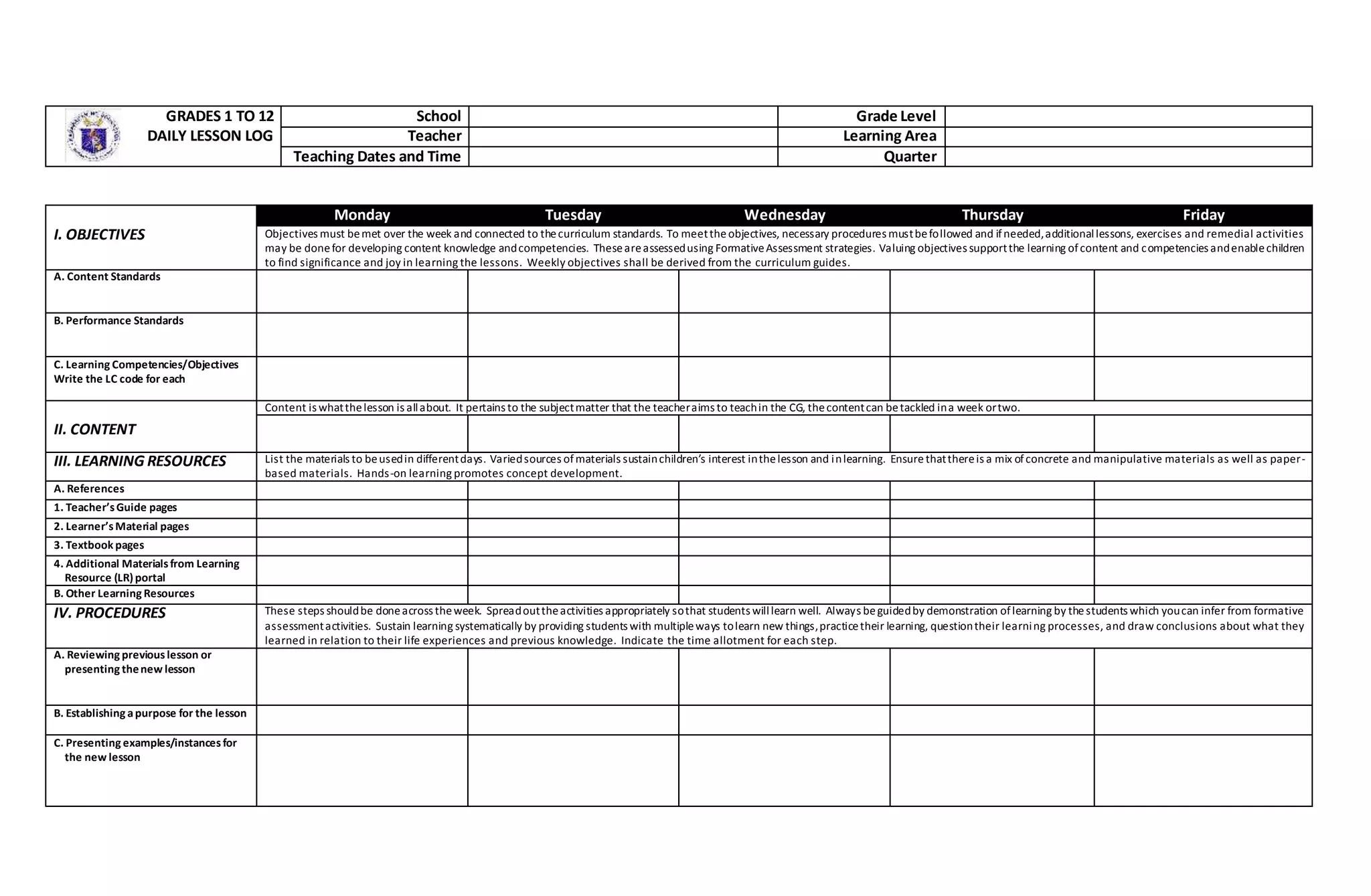Dll template grades 1 to 12 (english) | DOCX