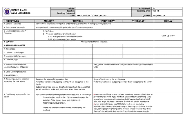 daily lesson log of grade 6 TLE third quarter | PPT