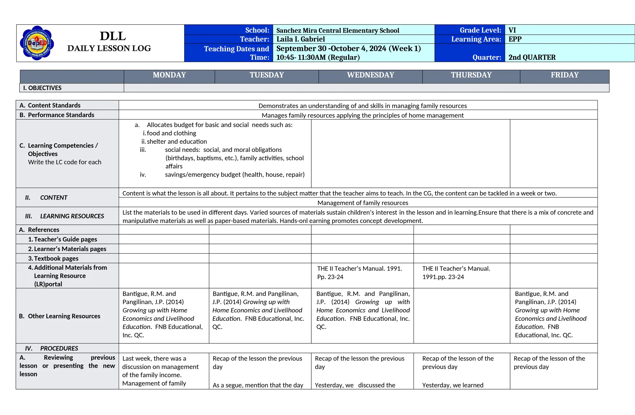 daily lesson log for tle grade 6 that tackles livelihood, agriculture and more | DOCX ...