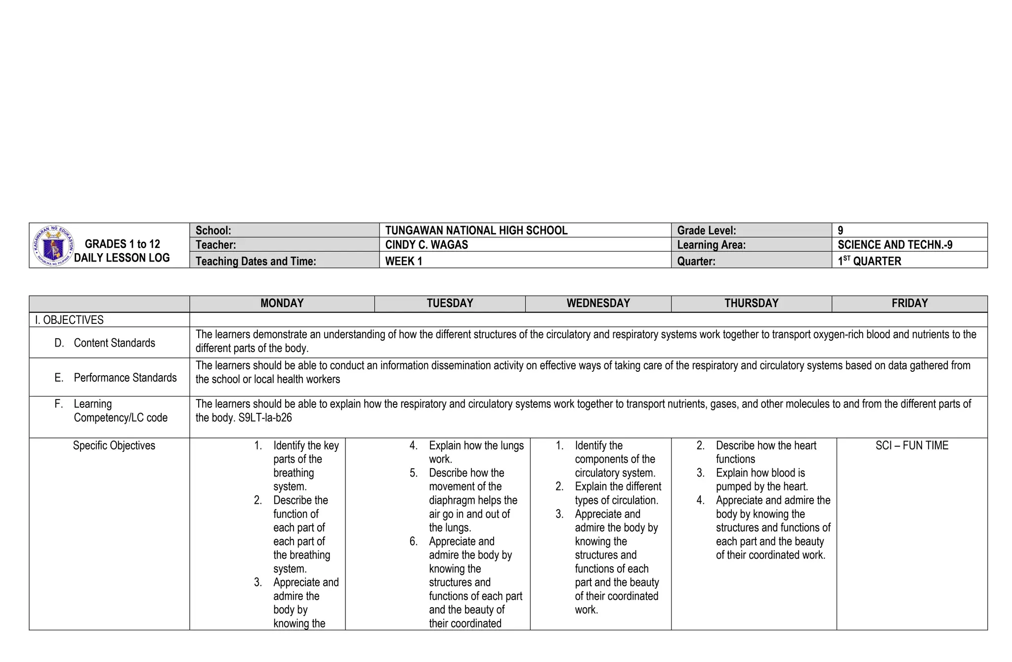 daily lesson log week 4. science 9 first quarter | DOCX