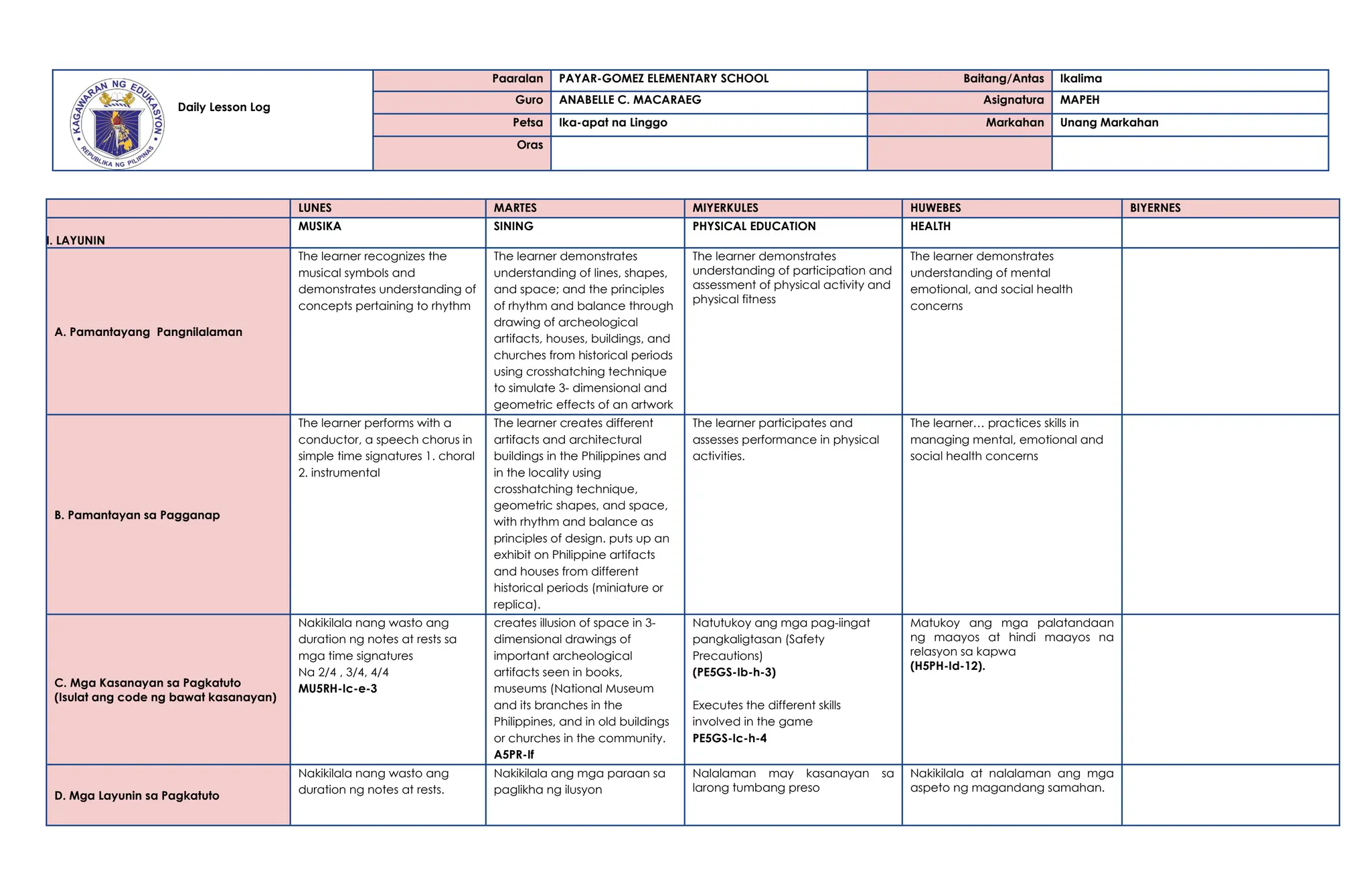 DLL WEEK 4-Q1 MUSIC,HEALTH,ARTS PHYSICAL EDUC. | DOCX