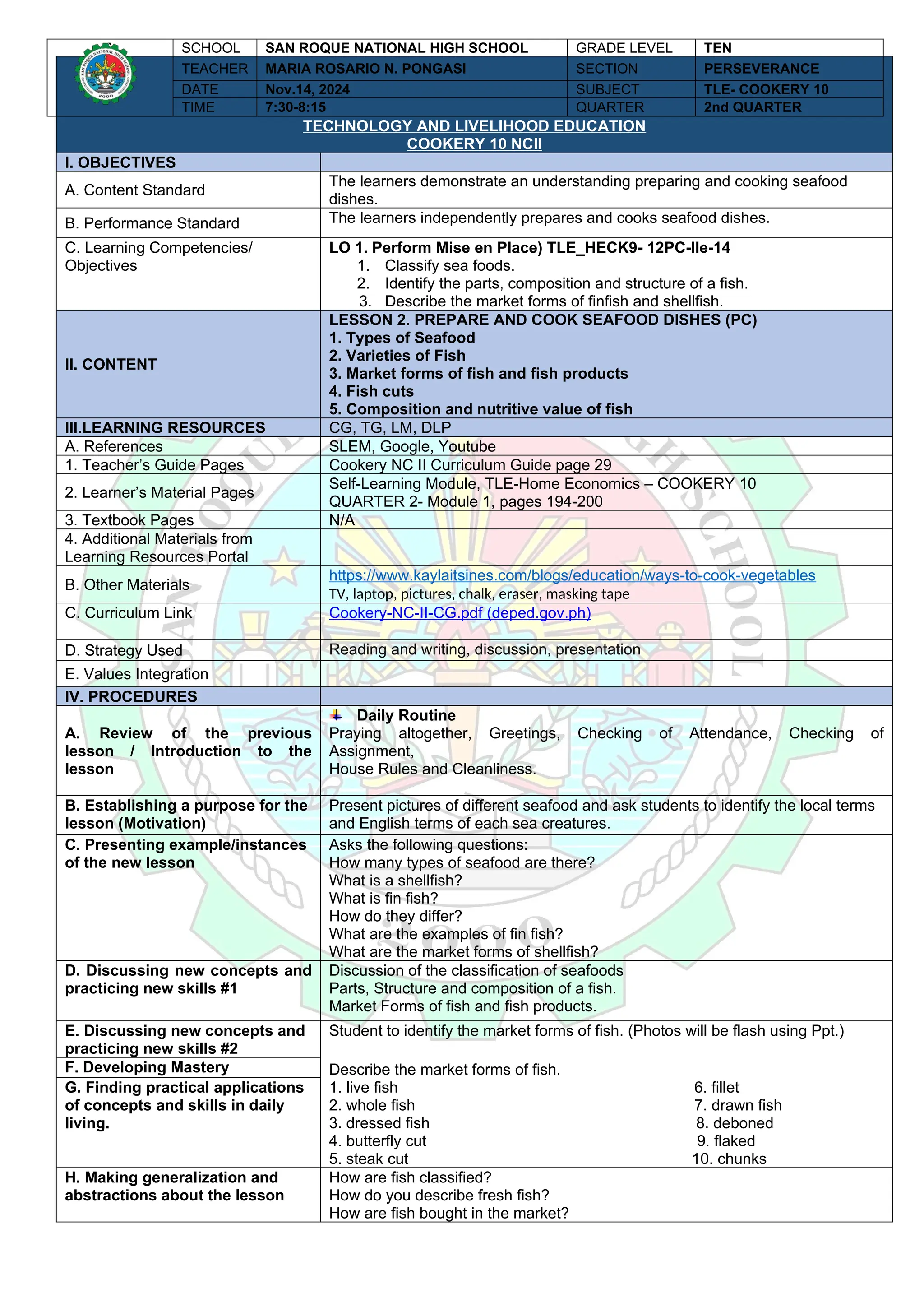 lesson plan in Prepare and cook seafoods.docx