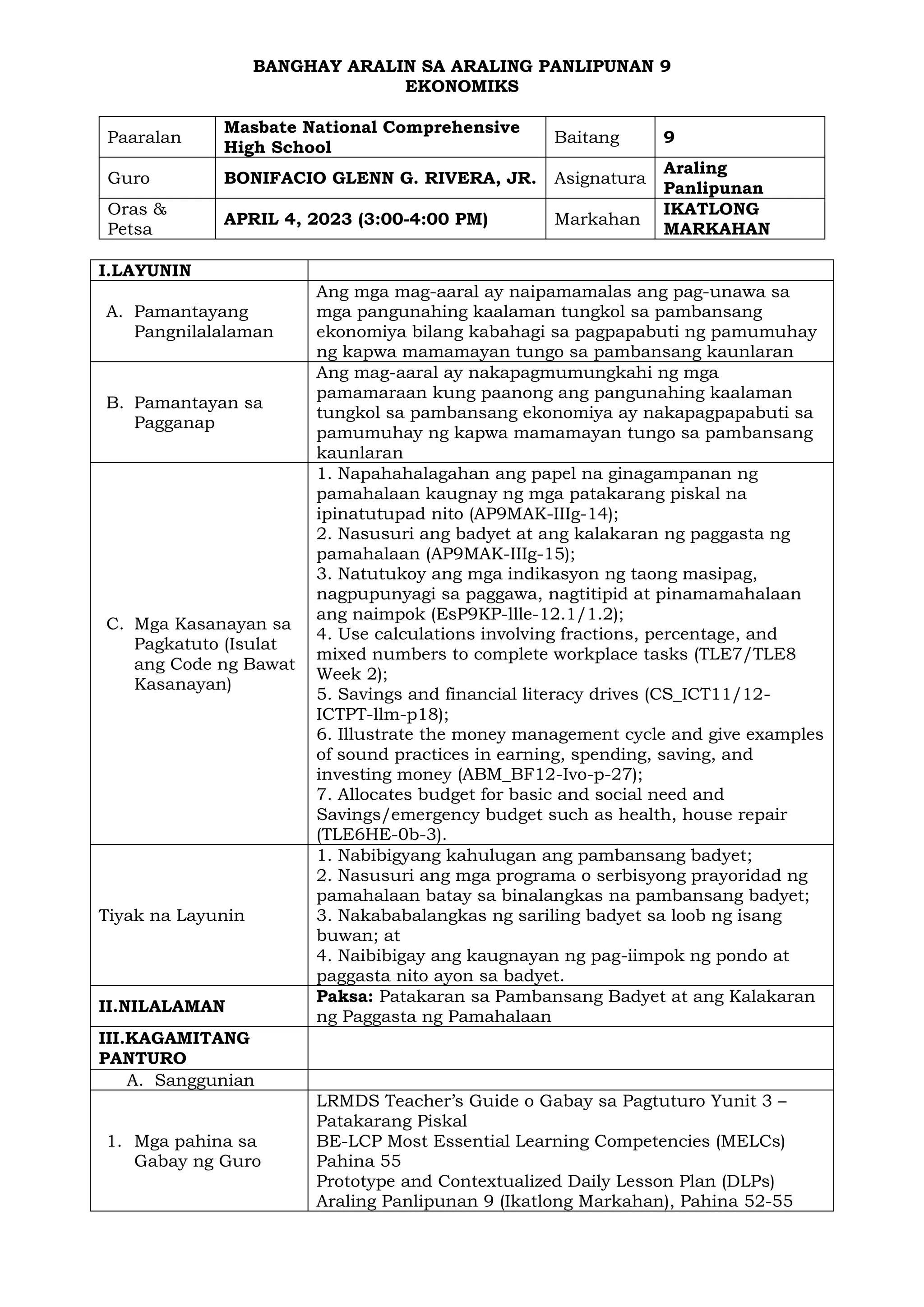 DLP - Detailed Lesson Plan - Patakarang Piskal | DOCX