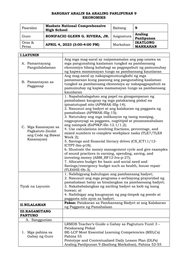 DLP - Detailed Lesson Plan - Patakarang Piskal | DOCX