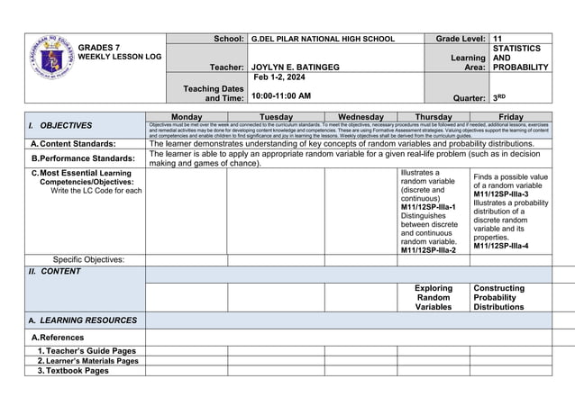 Daily Lesson Plan-W1-STATistic and probability | DOCX