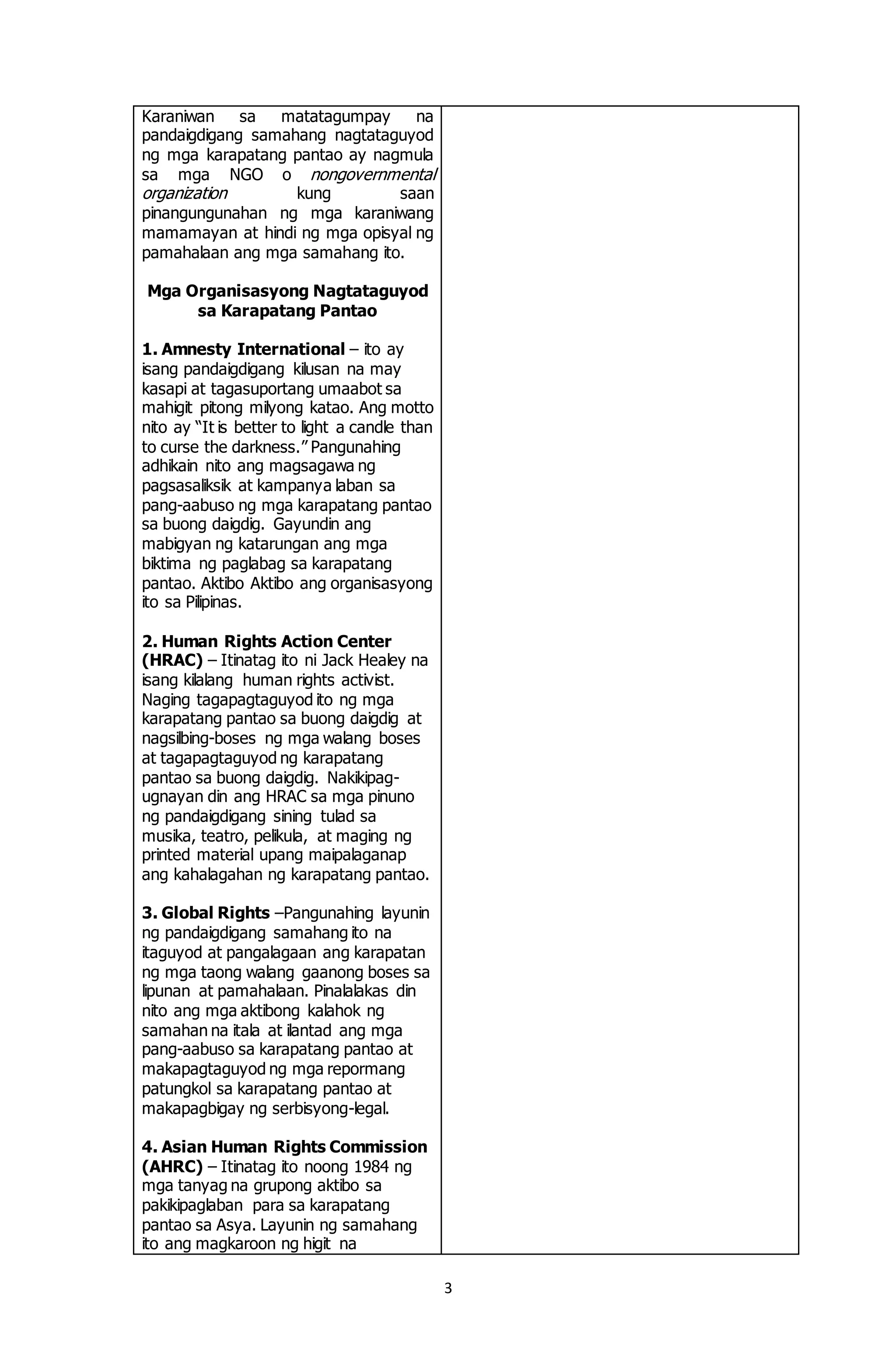 MGA ORGANISASYONG NAGTATAGUYOD NG KARAPATANG PANTAO | DOCX