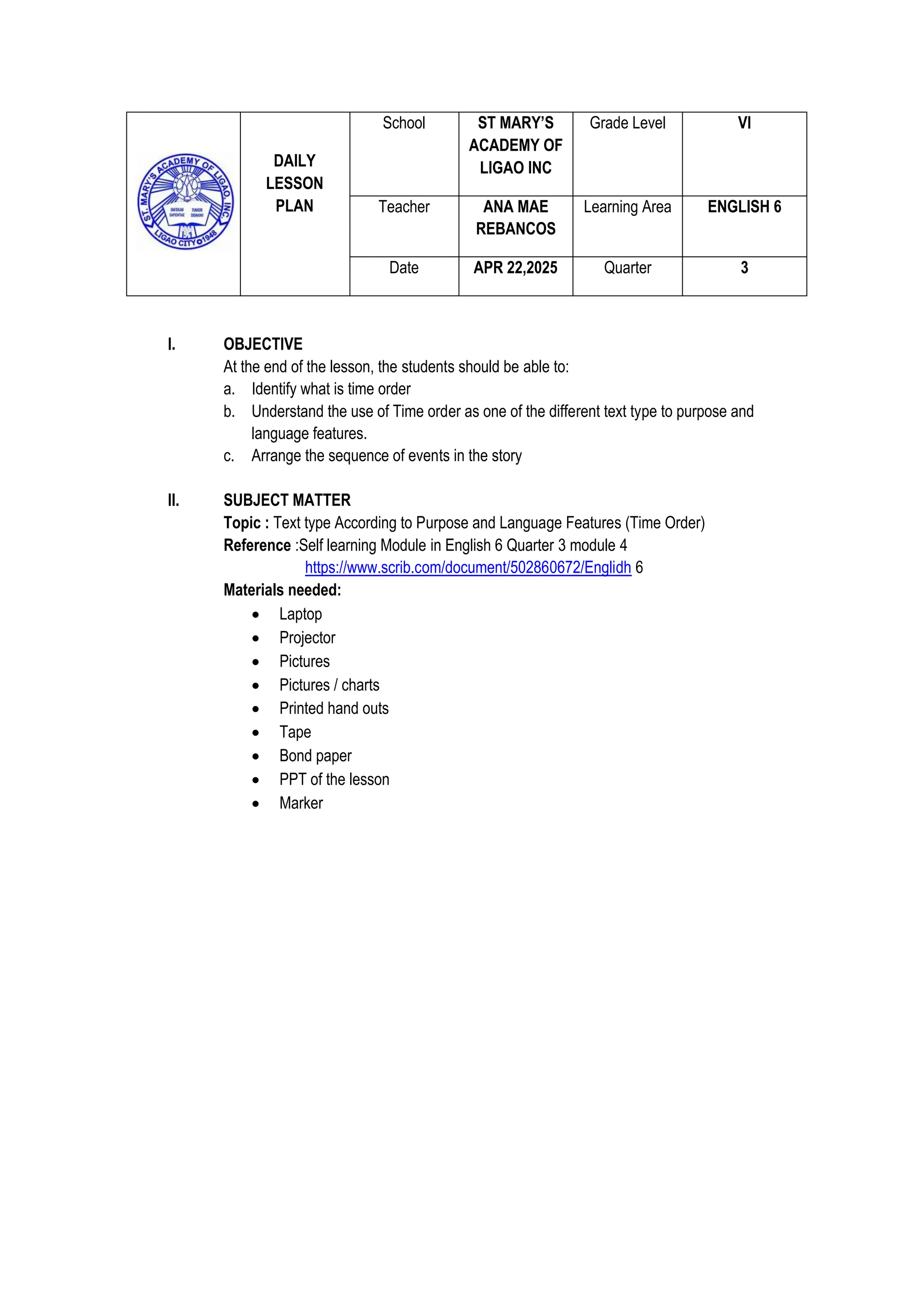 detailed lesson plan in english text type according to purpose language ...