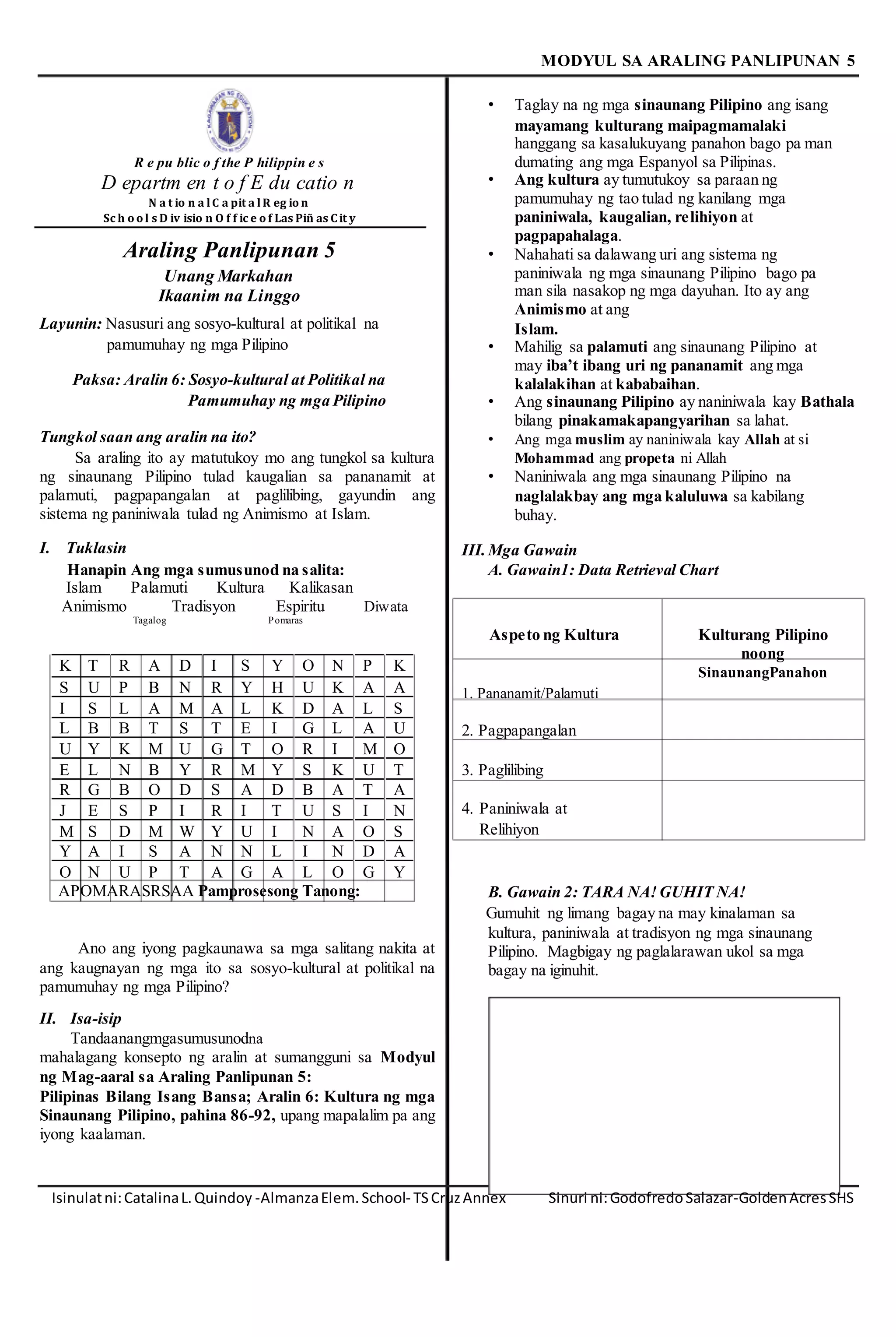 Dlp araling panlipunan 5 sosyo kultural w6 | DOC