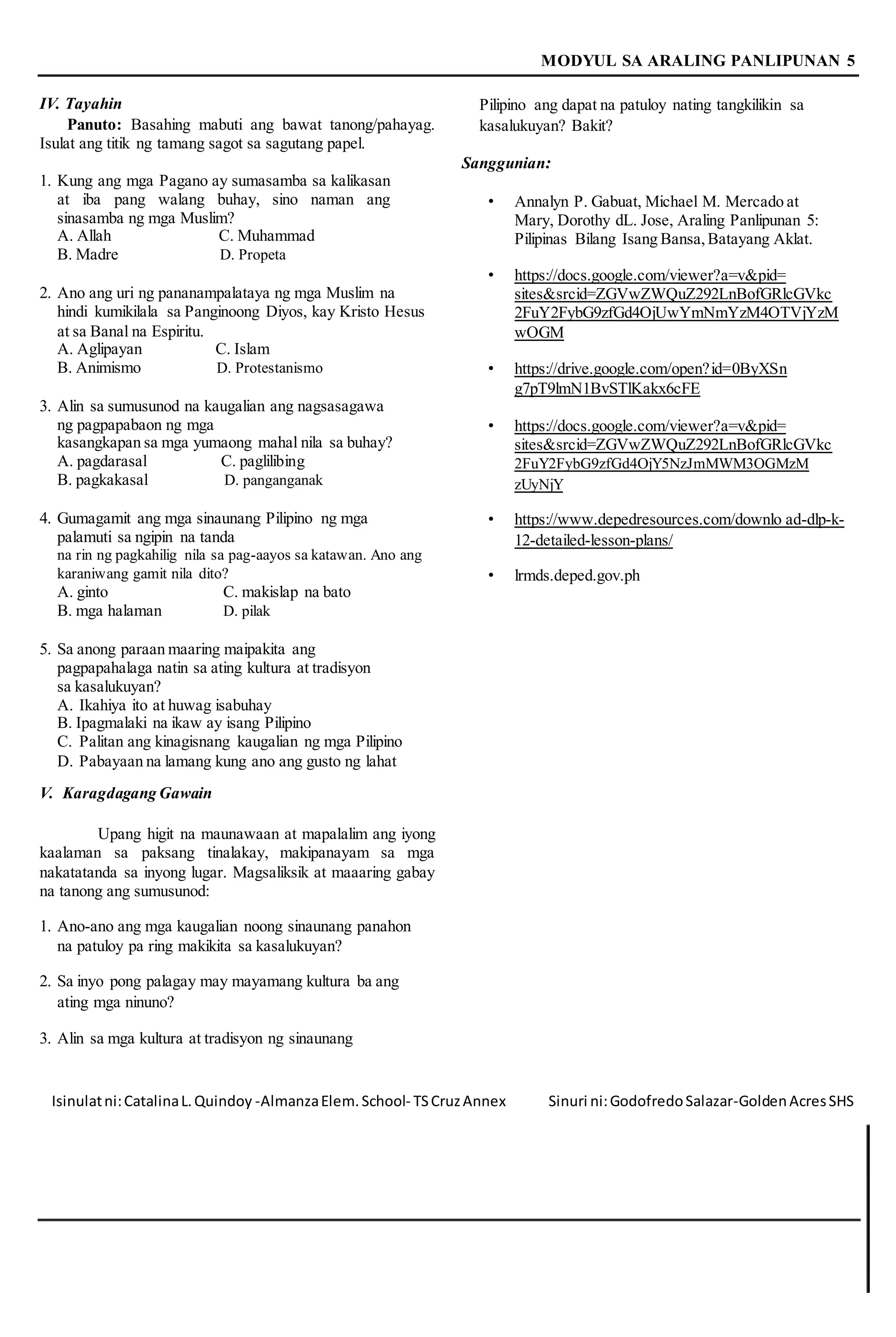 Dlp araling panlipunan 5 sosyo kultural w6 | DOC