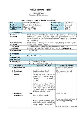 Grade 6 English Lesson Plan: Mastering Adverbs of Intensity | DOCX