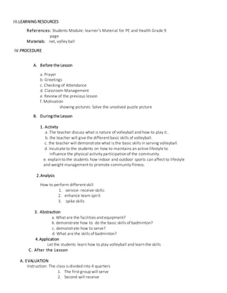Dlp grade 9 mapeh indoor & outdoor jan | DOCX