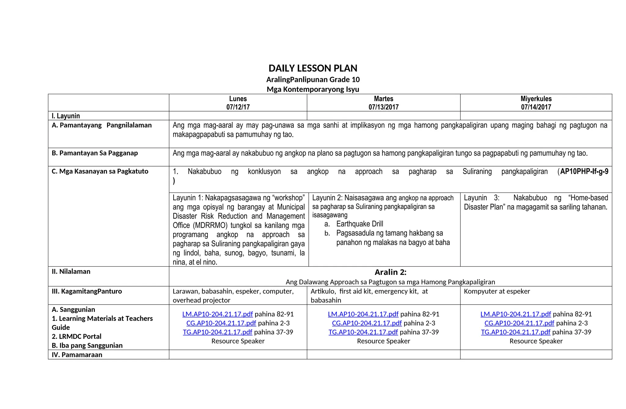 daily lesson plan in araling panlipunan 10 | DOCX