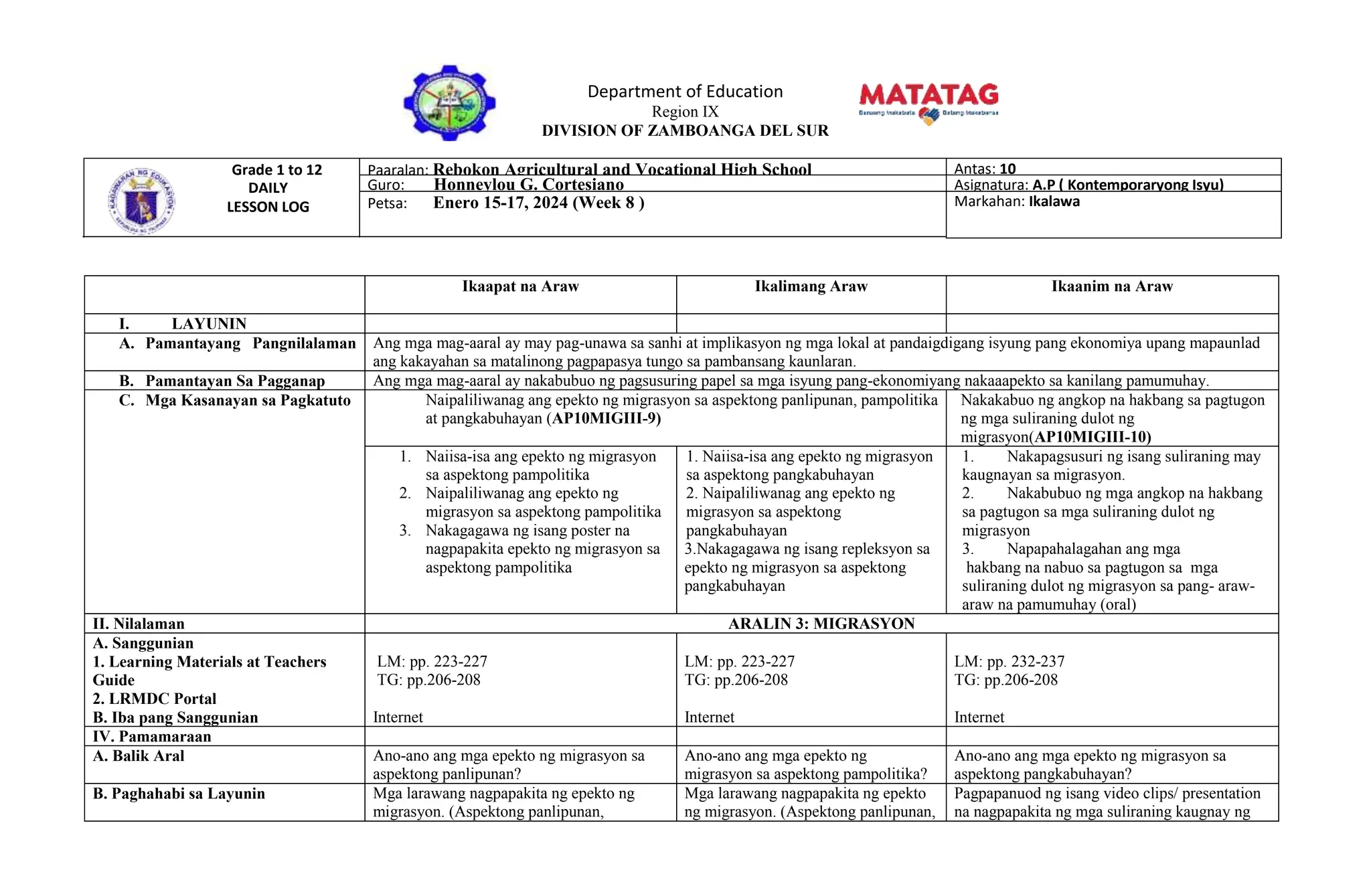 Araling Panlipunan Daily Lesson Log Quarter 2 | DOCX
