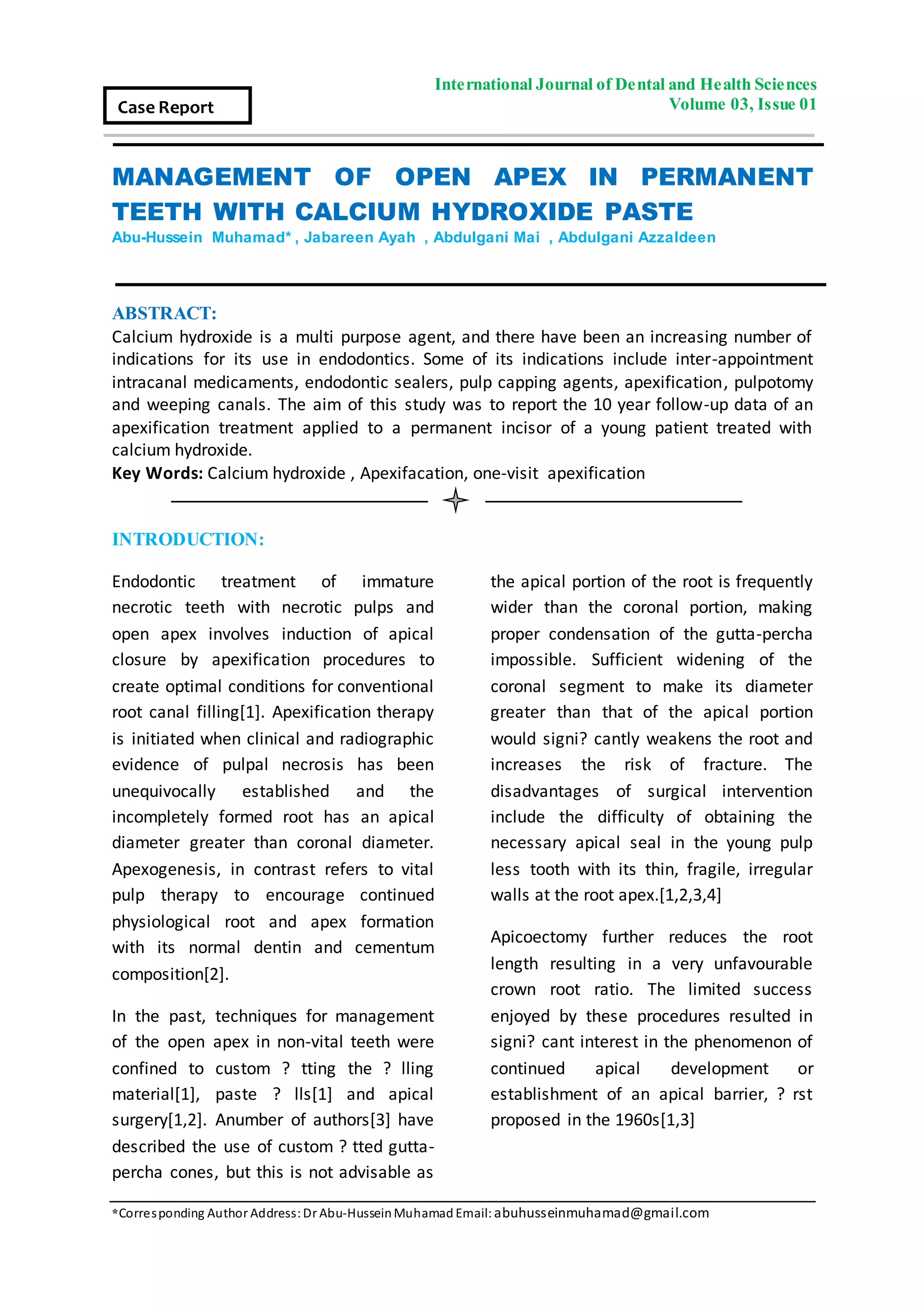 MANAGEMENT OF OPEN APEX IN PERMANENT TEETH WITH CALCIUM HYDROXIDE PASTE ...